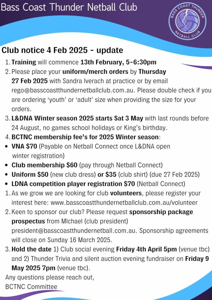 Fixtures/Information – Bass Coast Thunder Netball Club Inc.